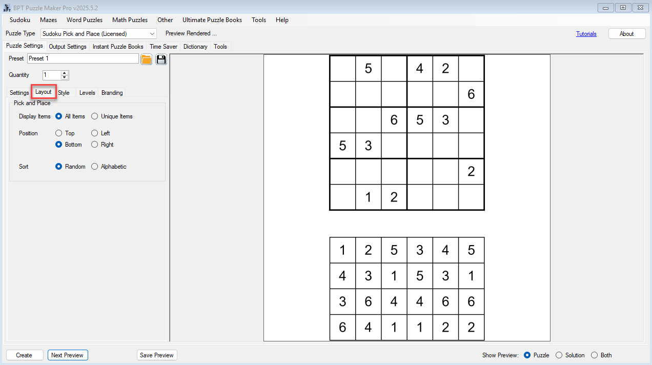 Customizing the Tile Set Layout in Sudoku Pick and Place